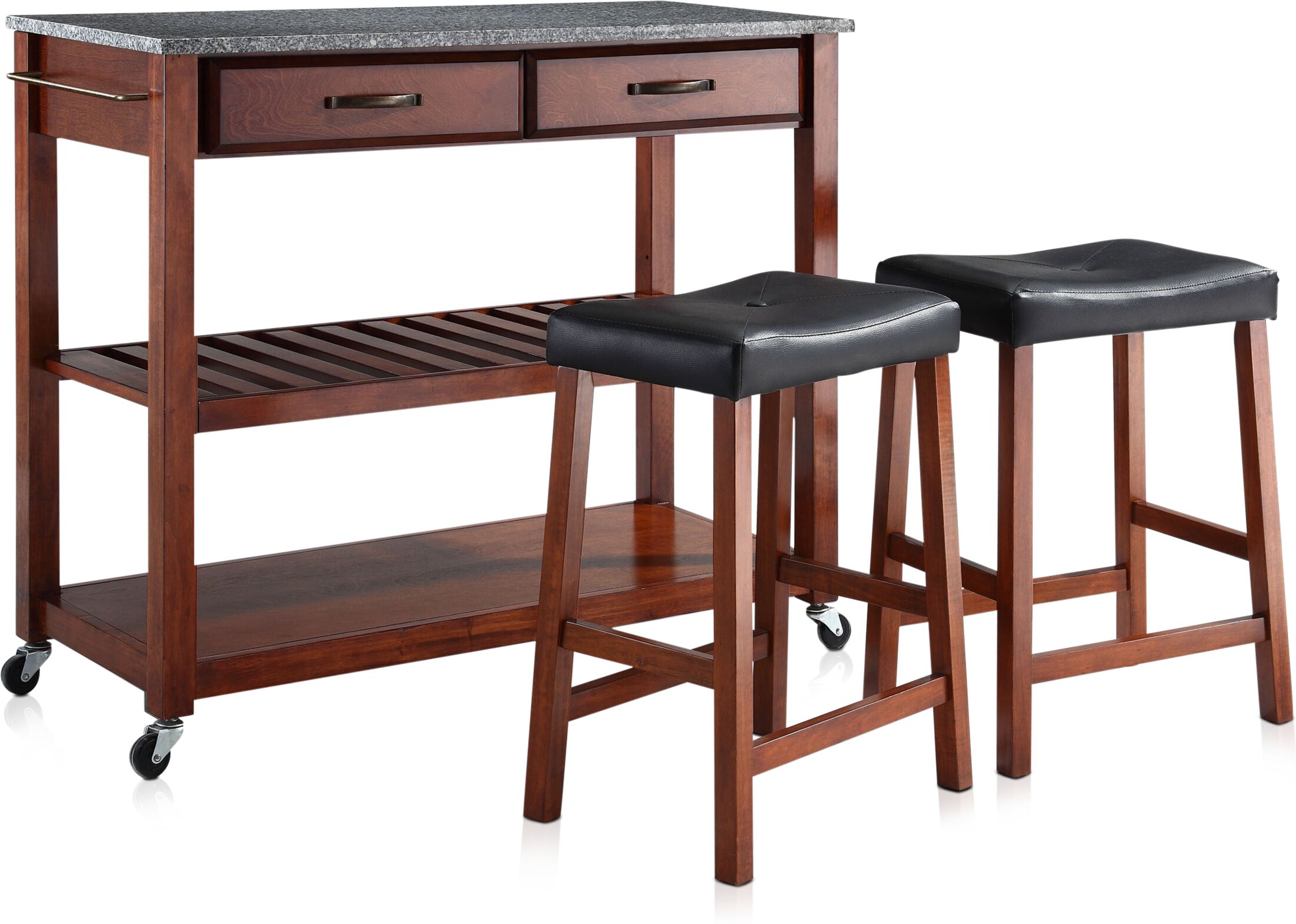 Elias Kitchen Cart and Set of 2 Stools - Cherry/Gray Granite Top ...